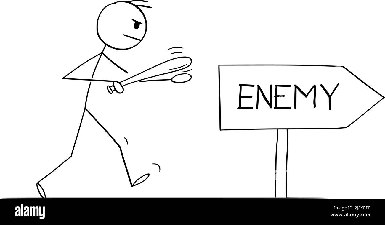Aggressive Person with Baton or Bat Going to Fight with Enemy, Vector ...