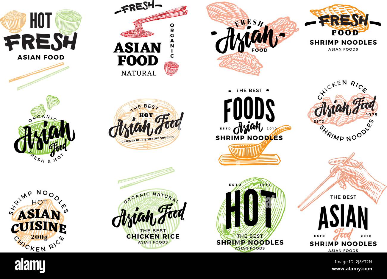 Hand drawn asian food logotypes with inscriptions and traditional ...