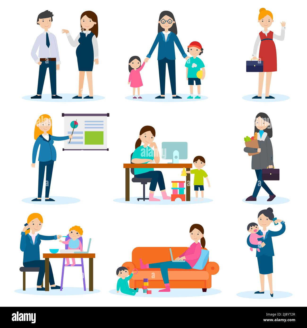 Busy mother and pregnant woman set working in office at home and doing ...