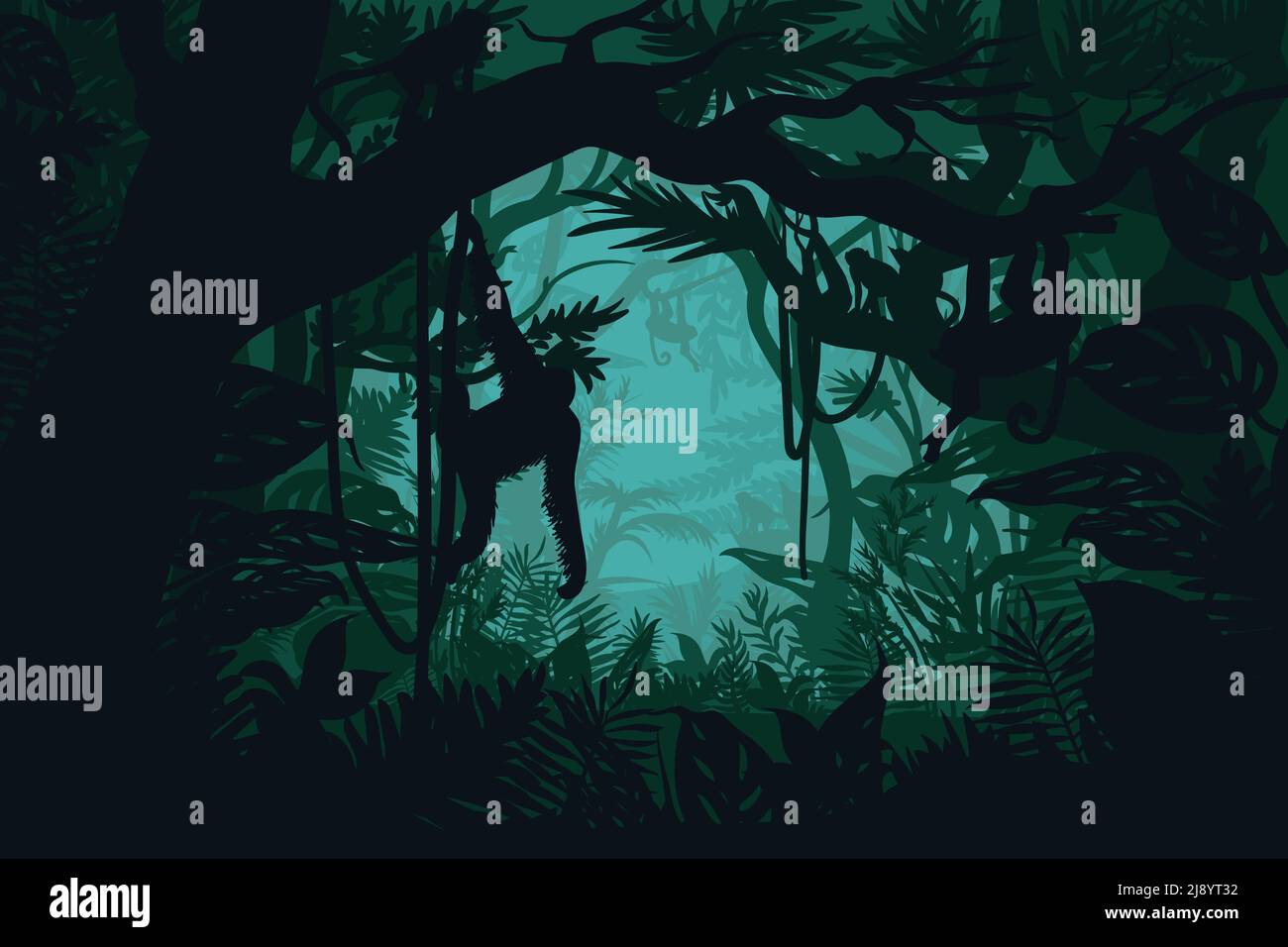 Natural jungle landscape template with monkeys on trees in beautiful ...