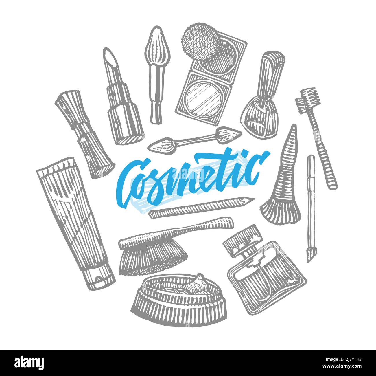 Hand drawn cosmetic elements collection with different tools and ...