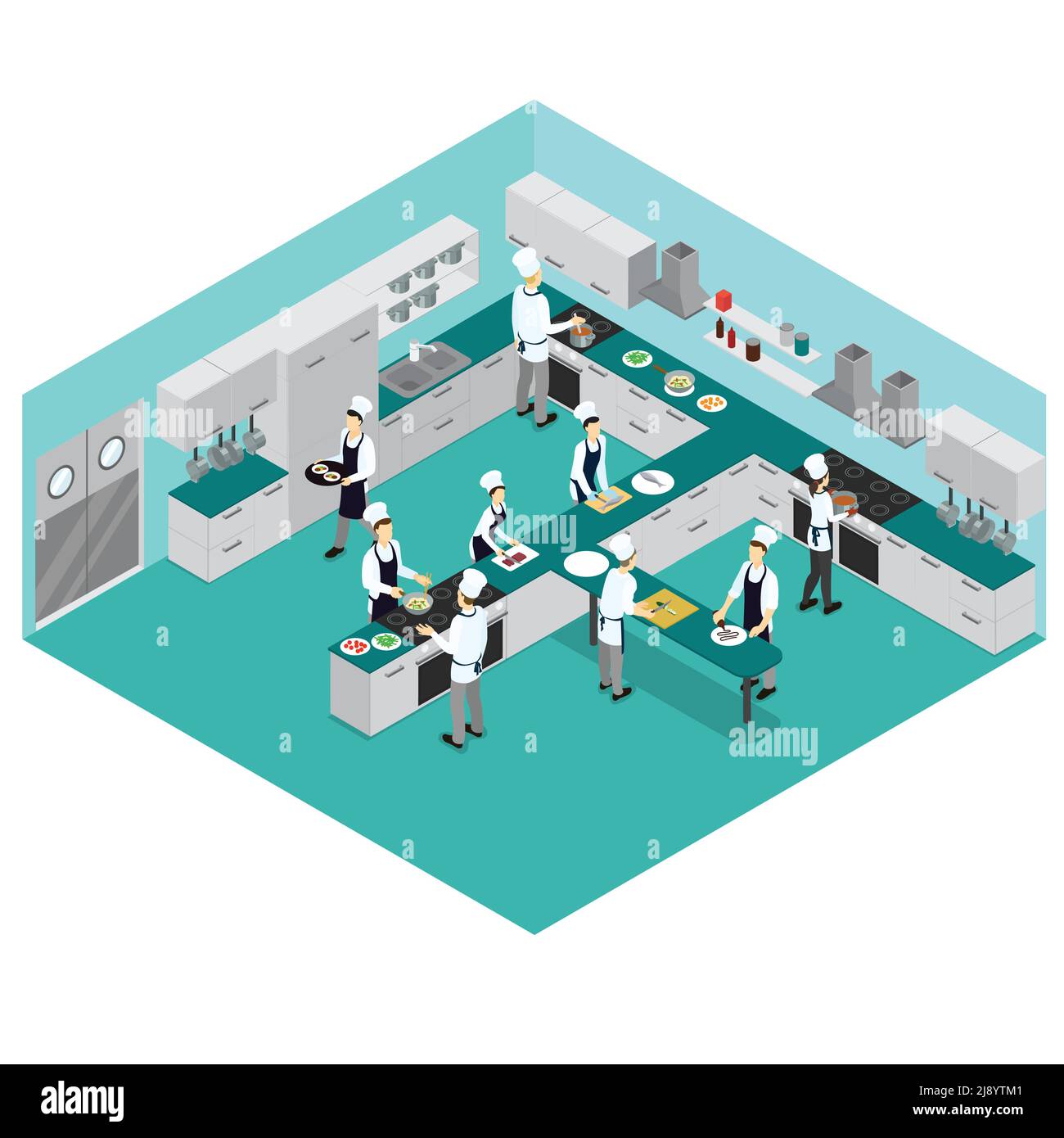 Isometric restaurant cooking concept with people preparing different ...