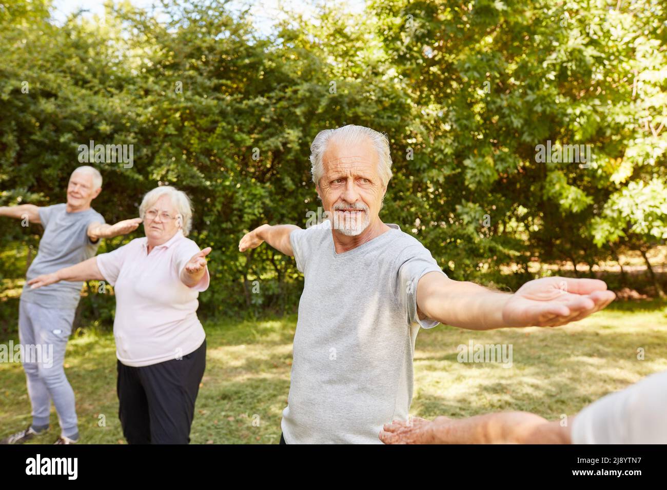Group of seniors in a gymnastics class in the park does an exercise for ...