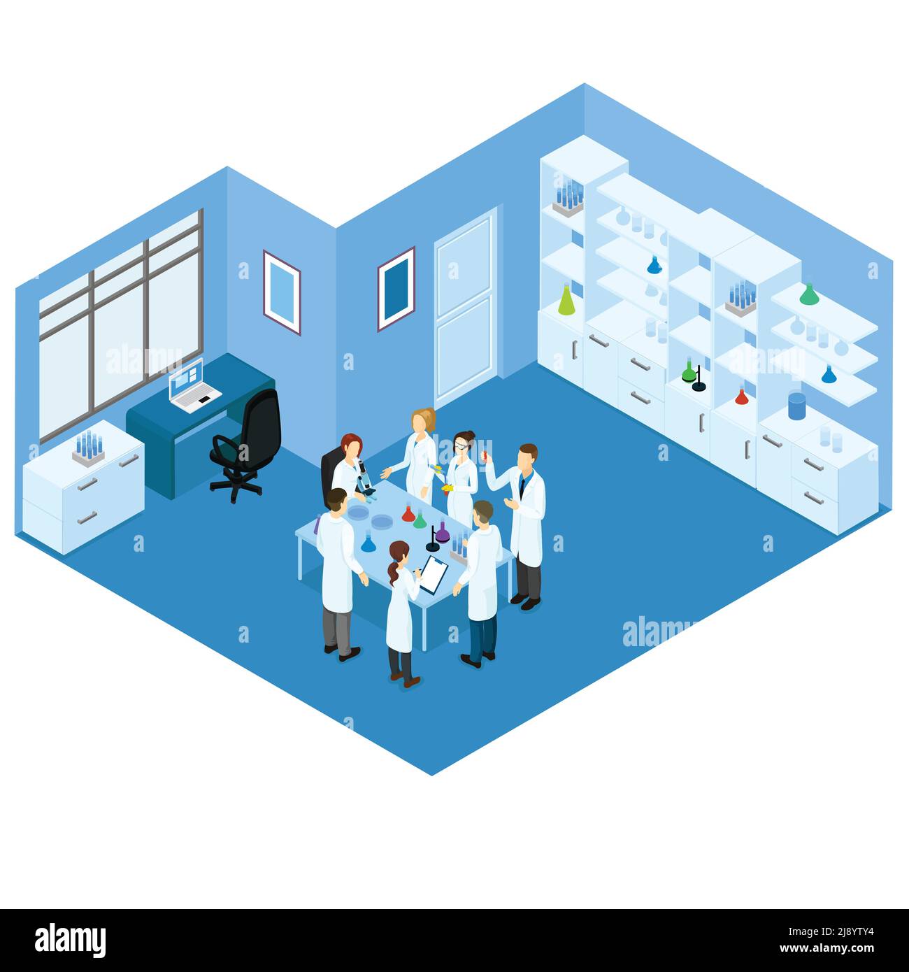 Isometric science laboratory concept with group of scientists standing around table and doing ...