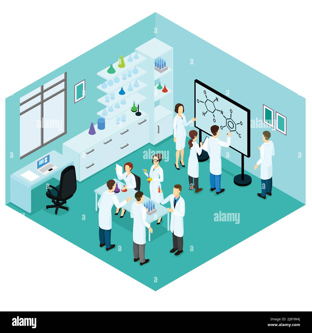 Isometric biological science laboratory template with group of working scientists furniture and ...