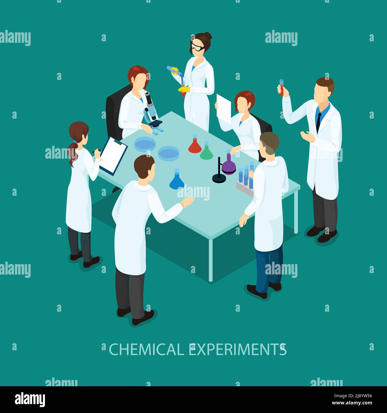Isometric chemical research template with scientists standing around ...