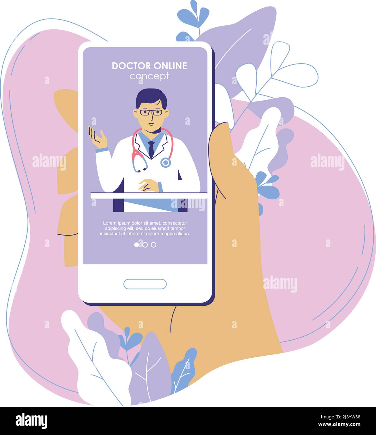 Patient holding smart phone with young physician on screen. Medical ...