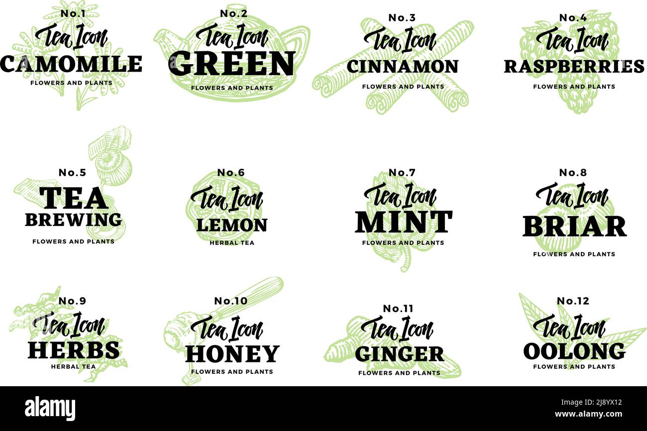 Hand drawn tea logos set with inscriptions and natural herbal fruit ...