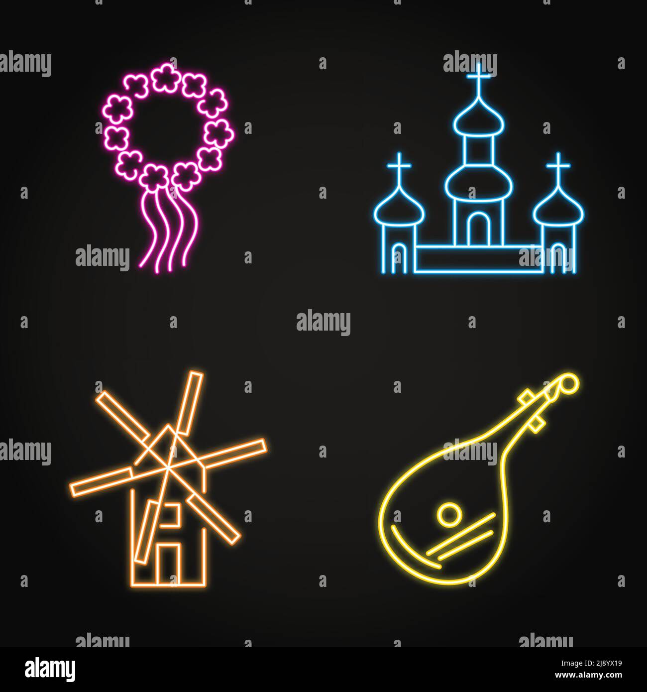 Neon Ukrainian national symbols icon set. Windmill, christian church ...