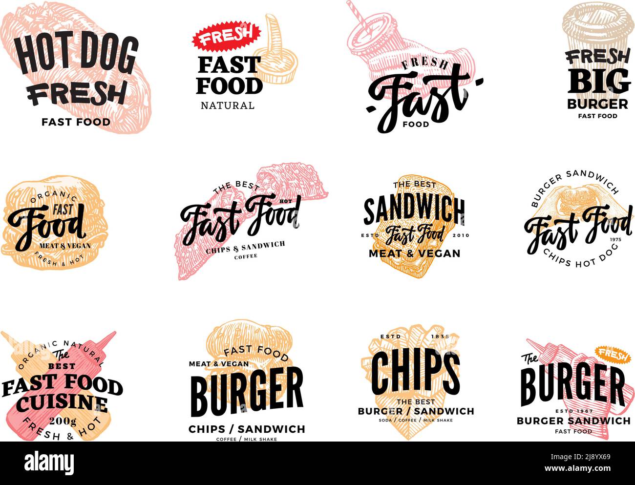 Hand drawn fast food logotypes set with fresh snacks drinks and ...
