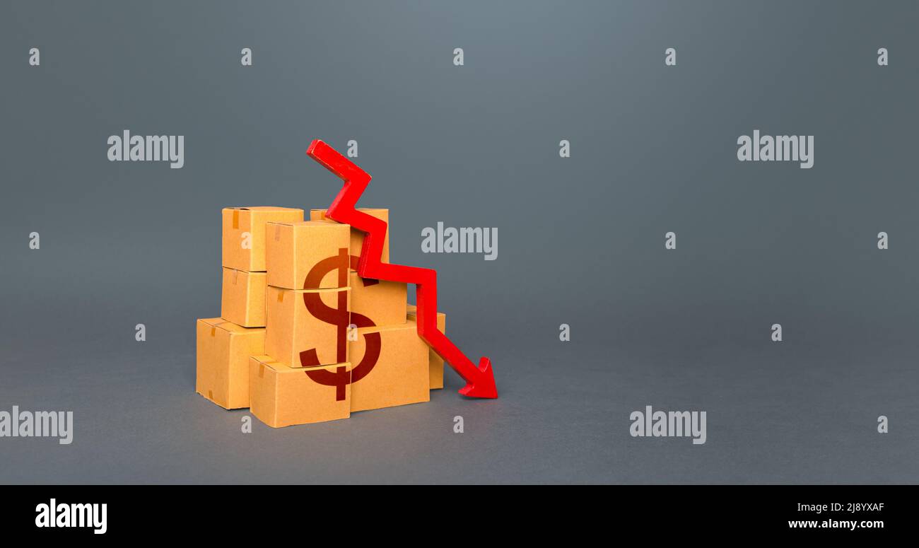 Boxes with dollar symbol and down arrow. Decrease in stocks of products ...