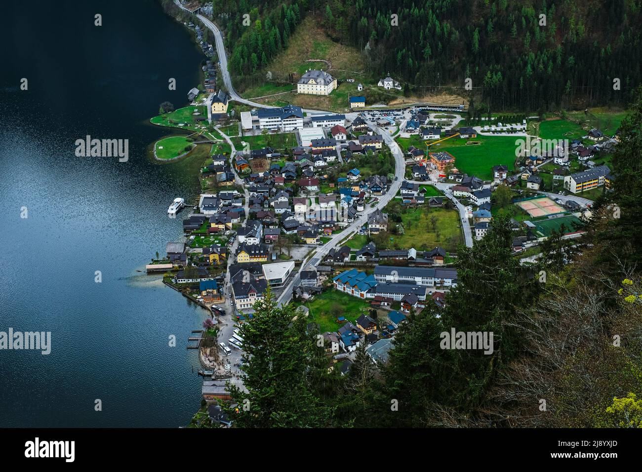 The lakeside town of Hallstatt (aerial shot Stock Photo - Alamy
