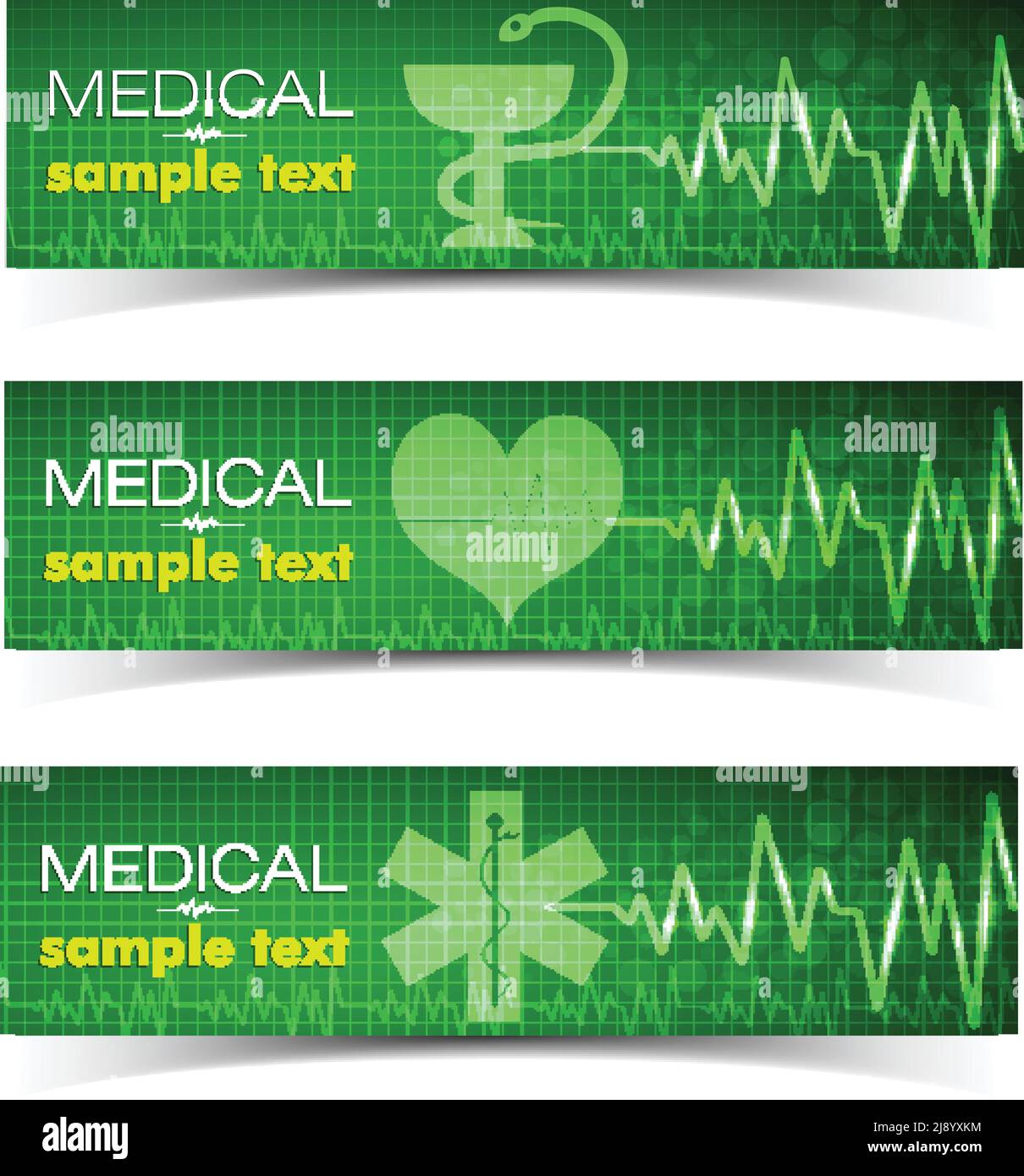 Medical green horizontal banners set with heart and snake symbols flat ...