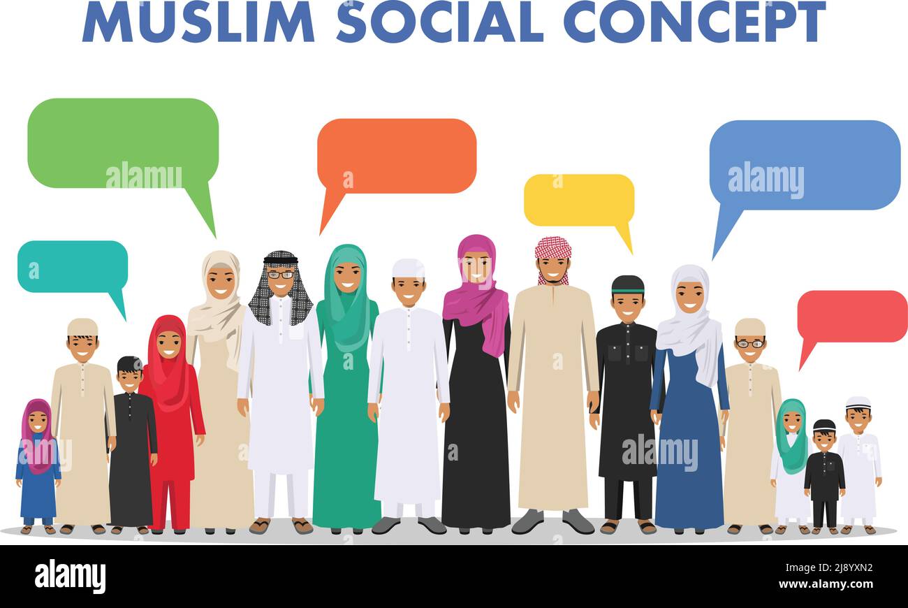 Arab girls and boys standing together in different traditional islamic ...