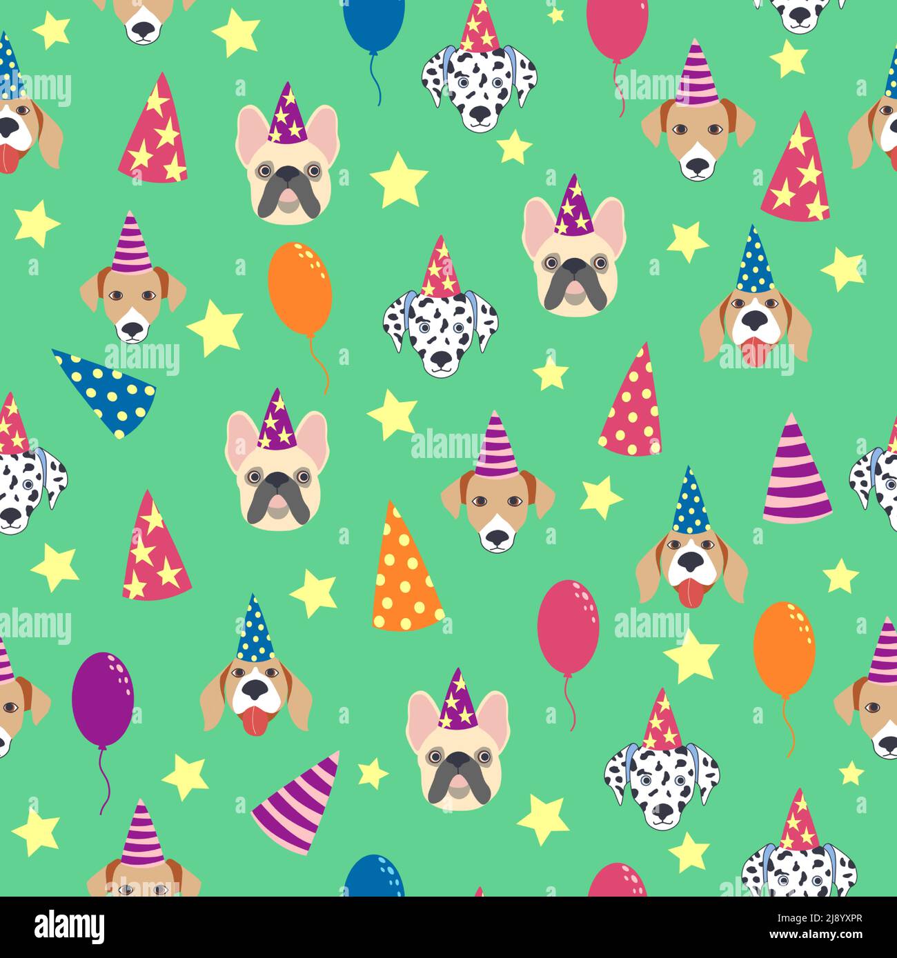 Happy birthday seamless pattern with cartoon dogs of the Dalmatian ...