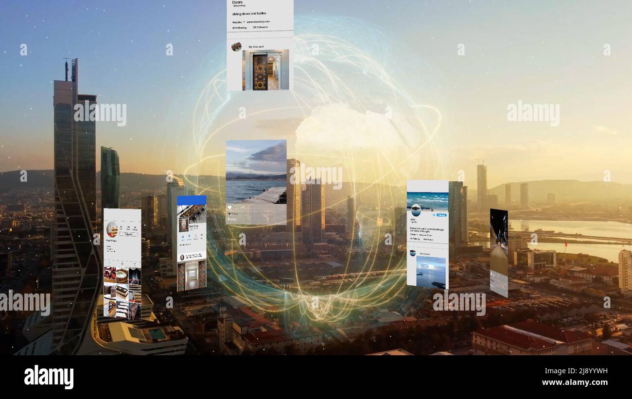 Futuristic city connected to social media. High tech vision of izmir ...