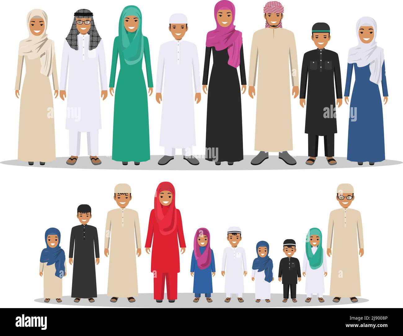 Arab girls and boys standing together in different traditional islamic ...