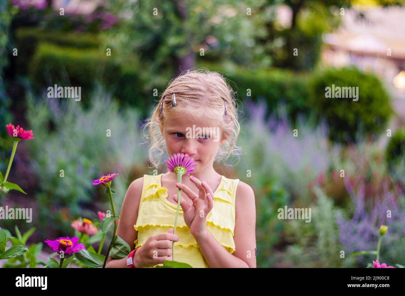 romantic child with pink flowers portrait Stock Photo - Alamy