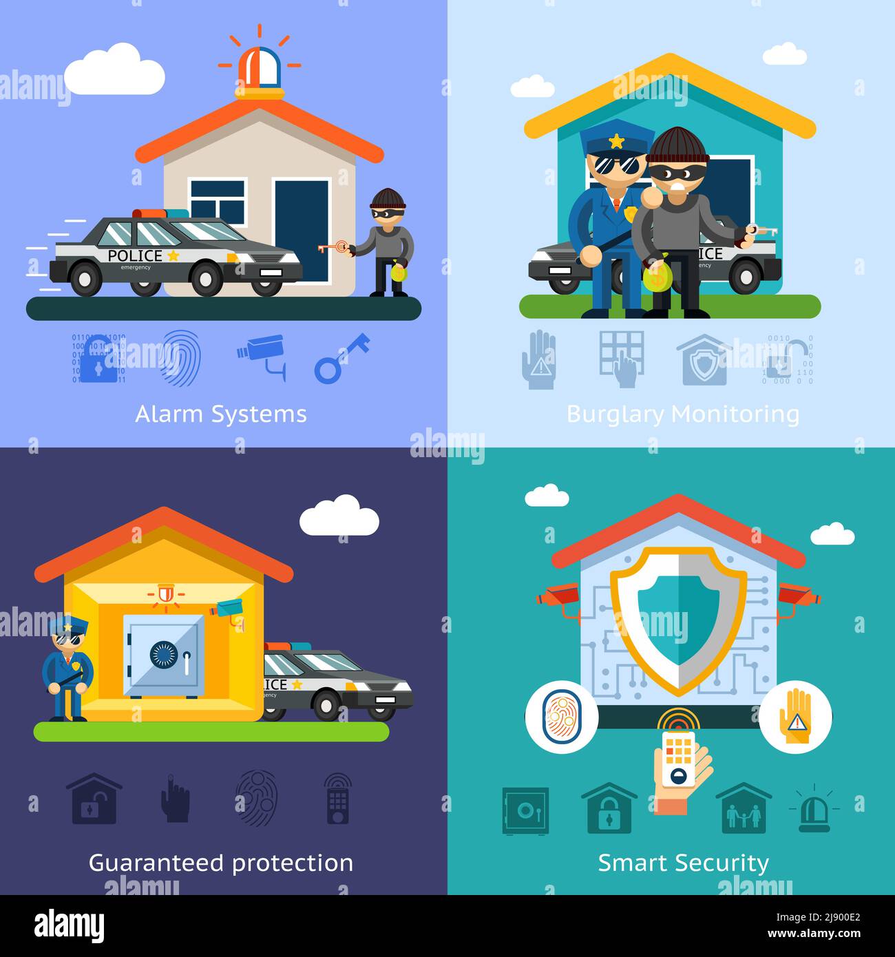 Home security system flat vector background concepts. House design ...