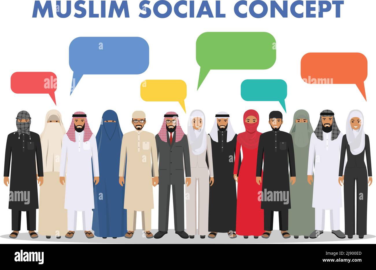 Arab man and woman standing together in different traditional islamic ...