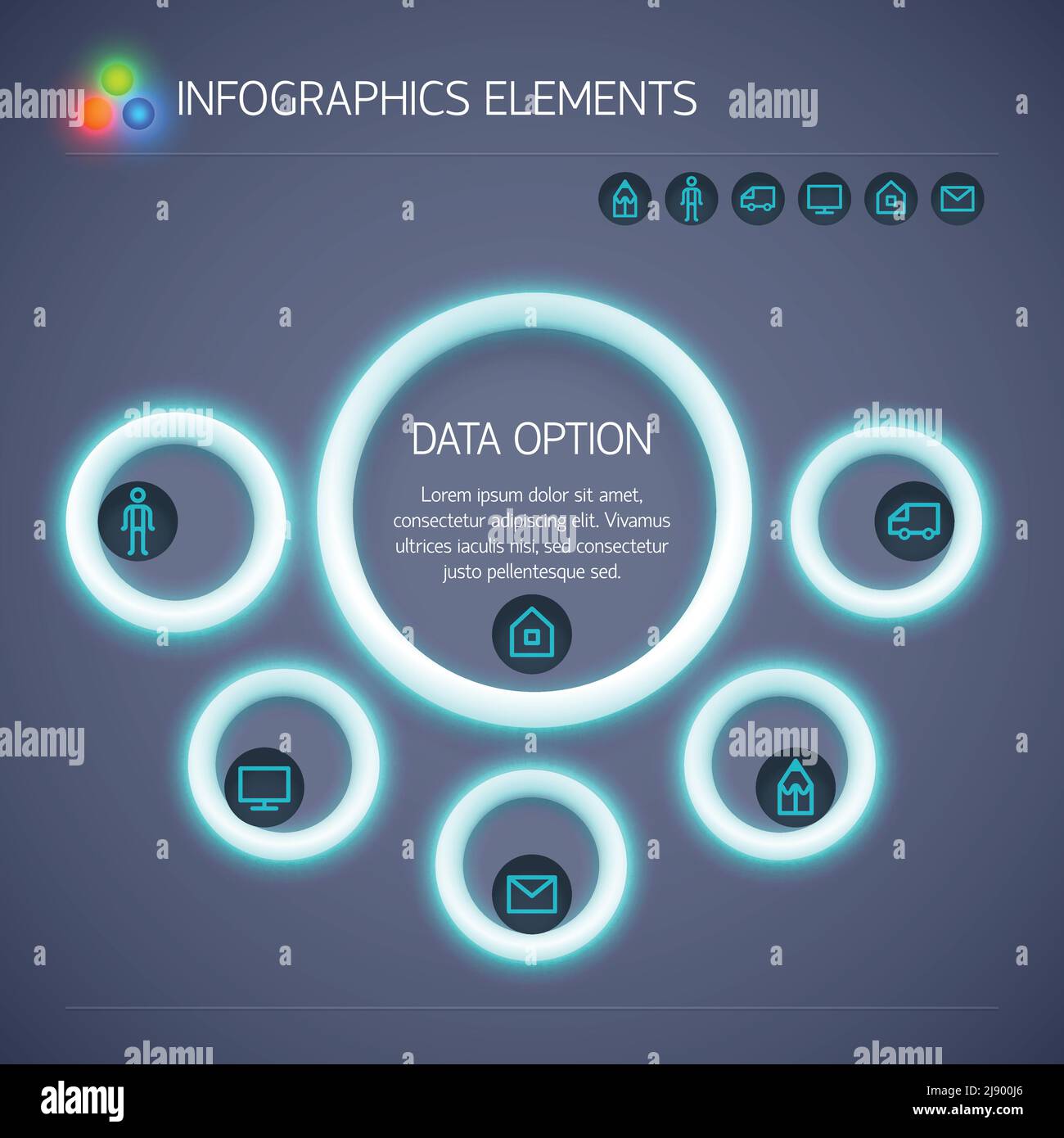 Business infographic concept with neon glowing circles text and icons ...
