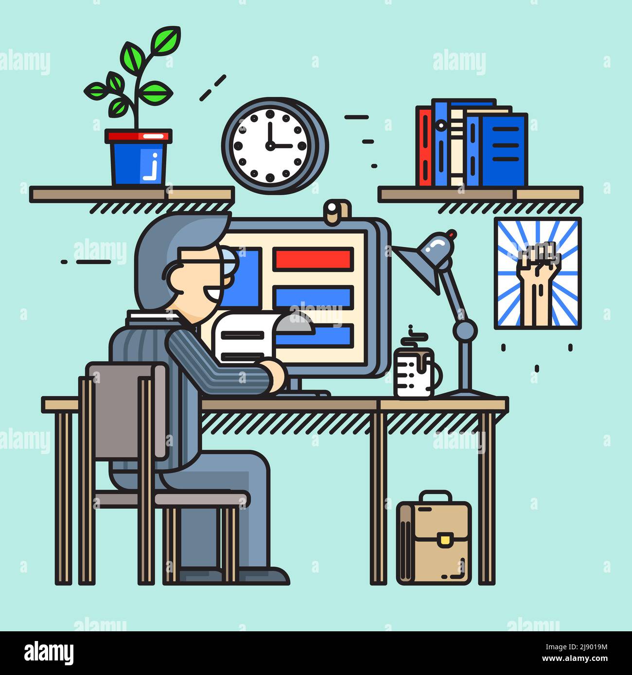 Modern creative office desk worker in line flat style. Office workplace ...