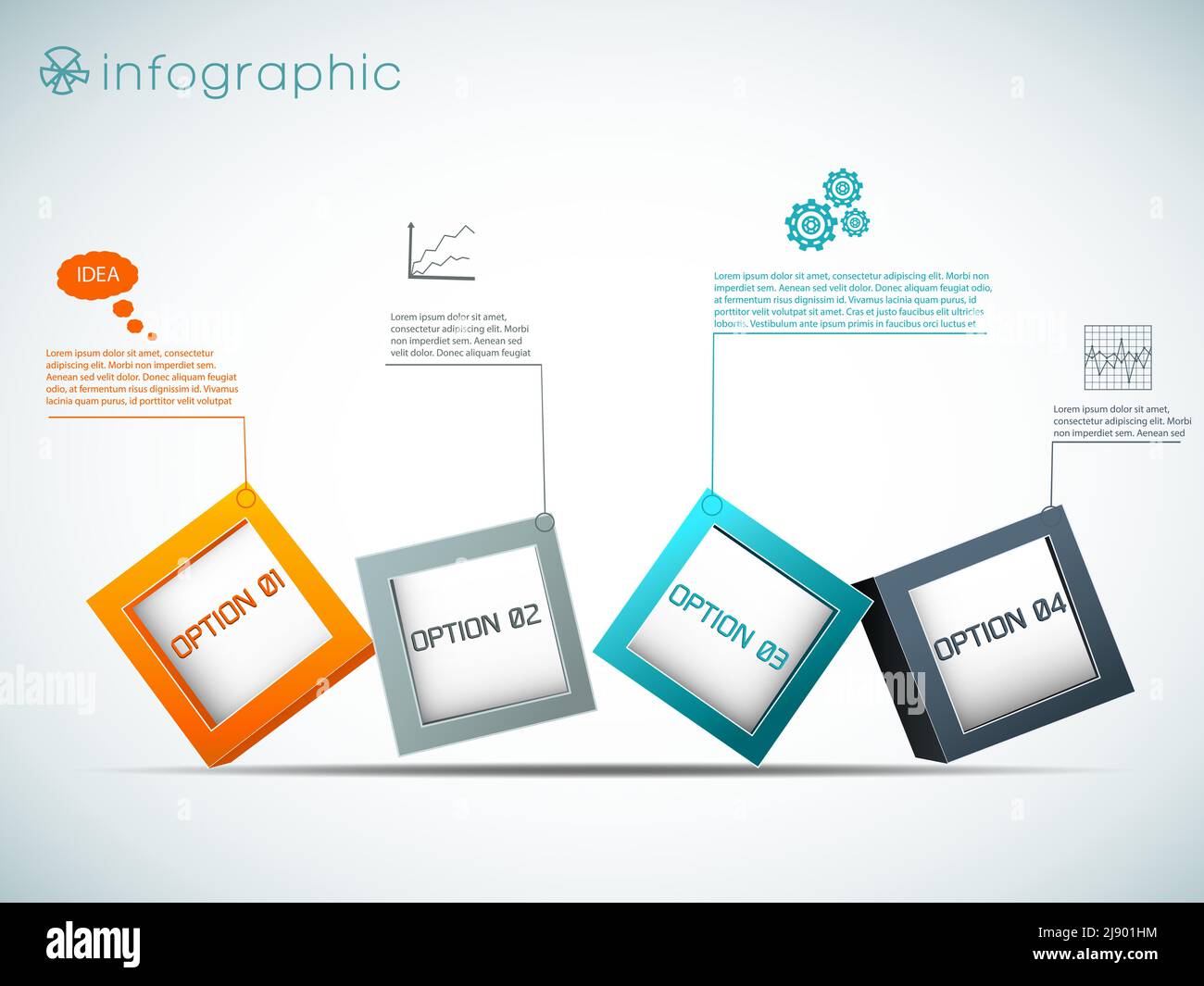 Row of options infographics with colorful cubes charts and setting on ...