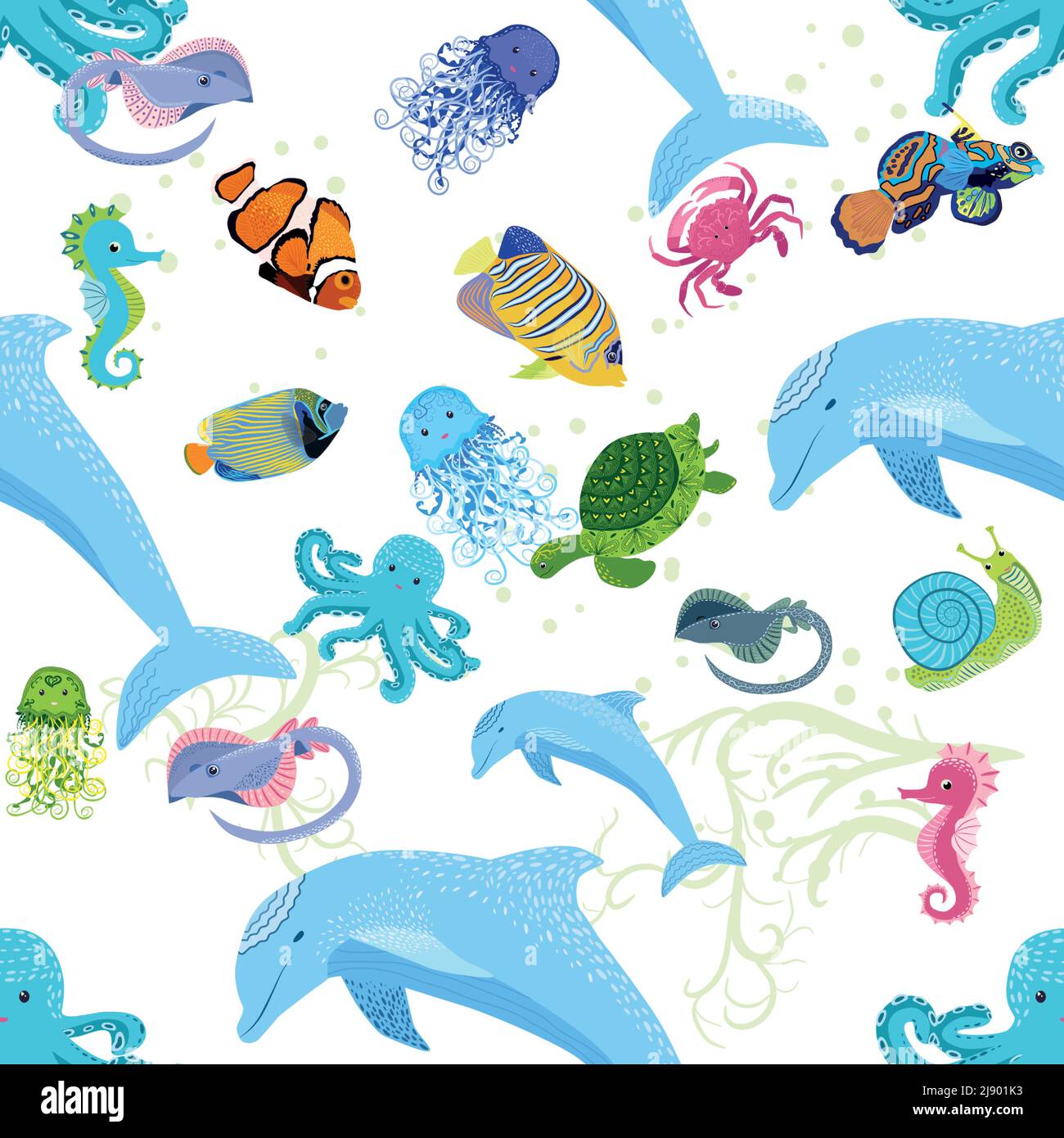 Marine life, fish, animals bright seamless pattern. sea travel ...