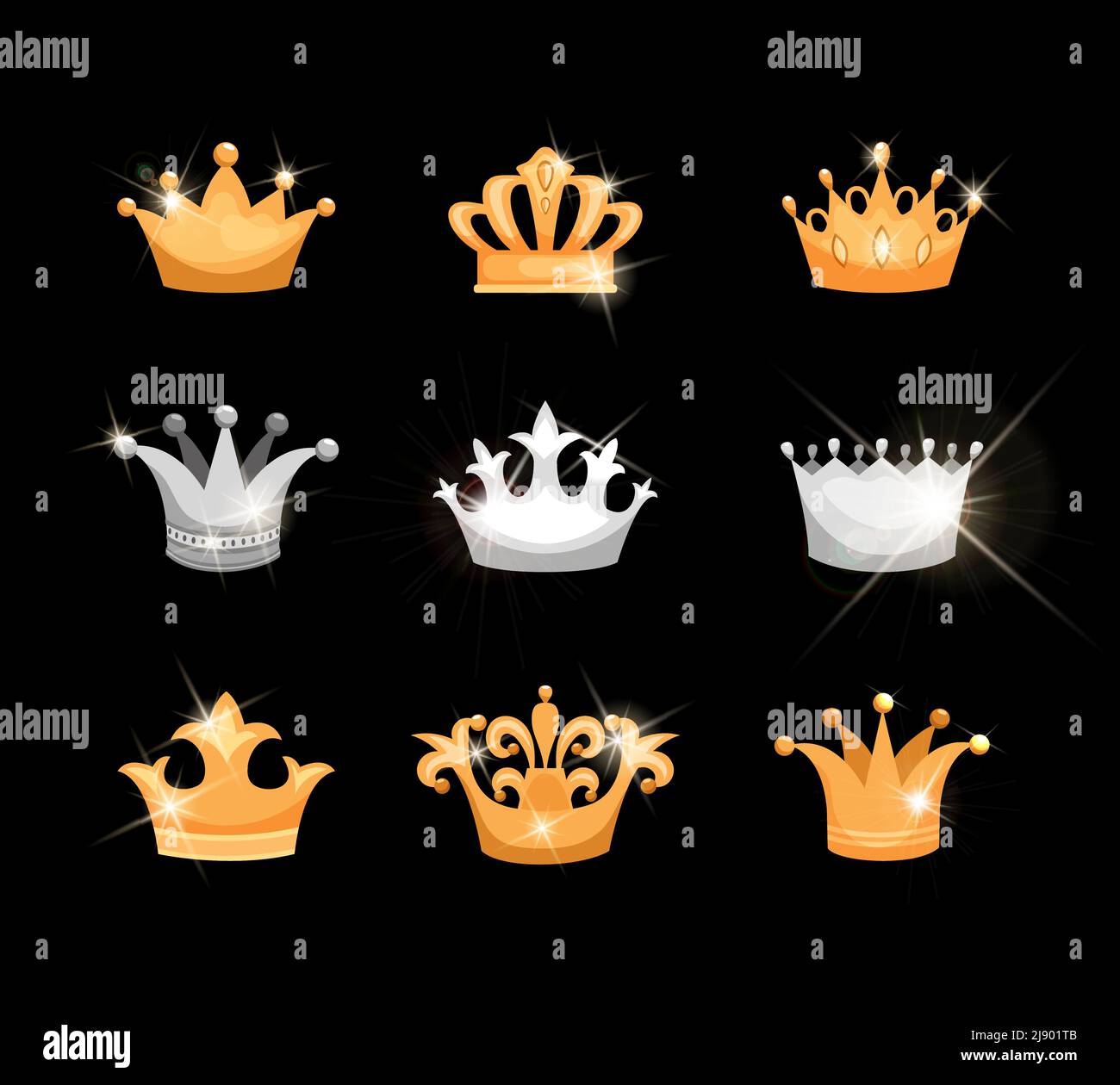 Gold and silver crowns vector icons set showing nine different designs ...