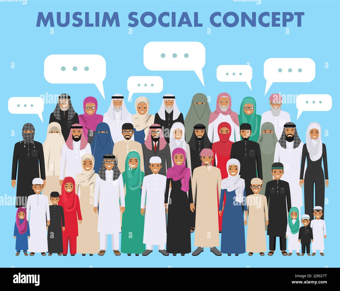 Arab men and women standing together in different traditional islamic ...