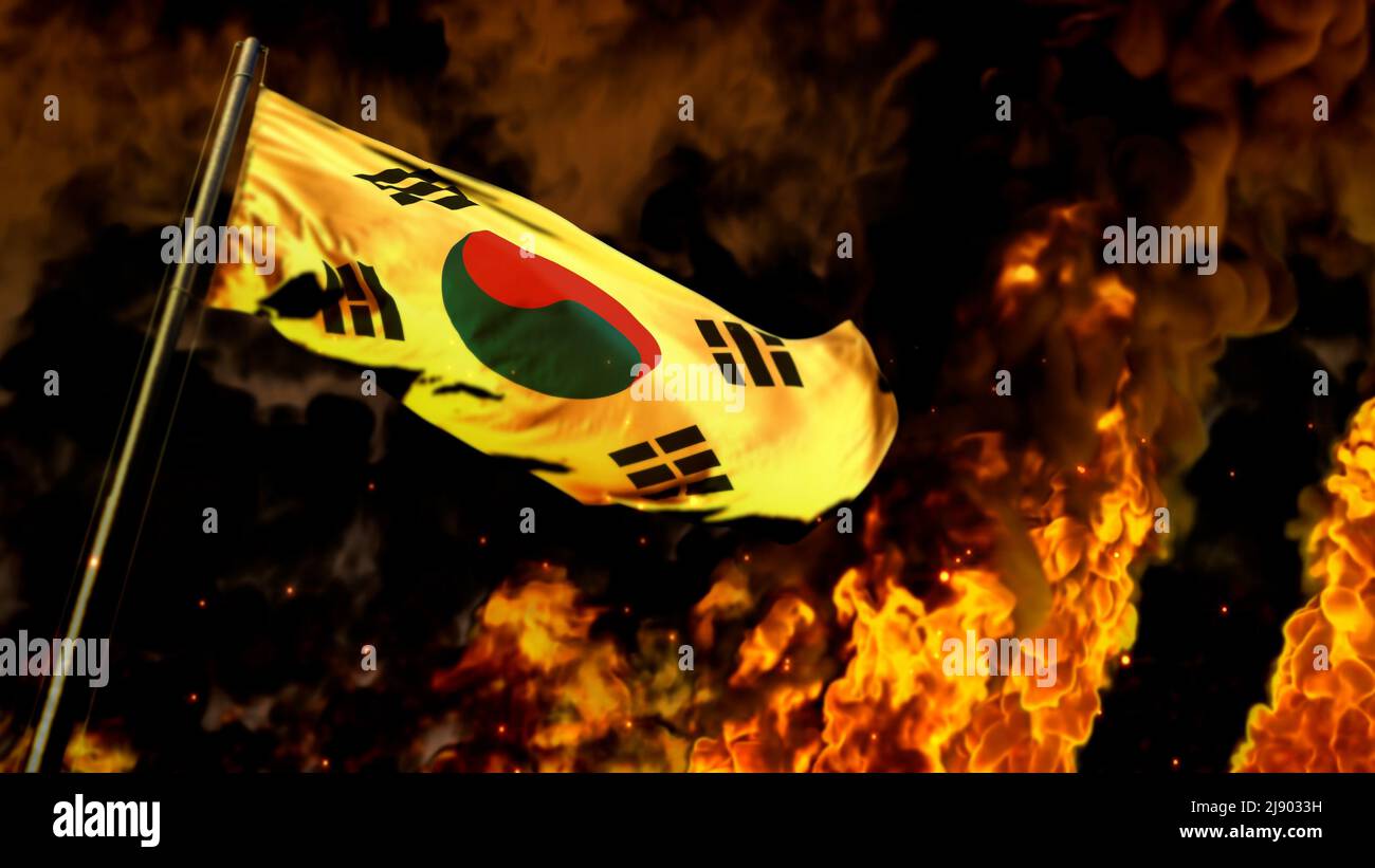 flag of Republic of Korea (South Korea) on burning fire bg - hard times ...