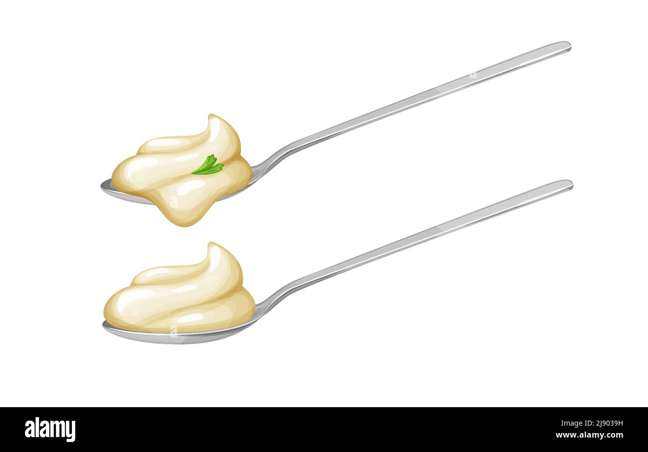 Spoons with mayonnaise sauce side view.Vector illustration in realistic ...