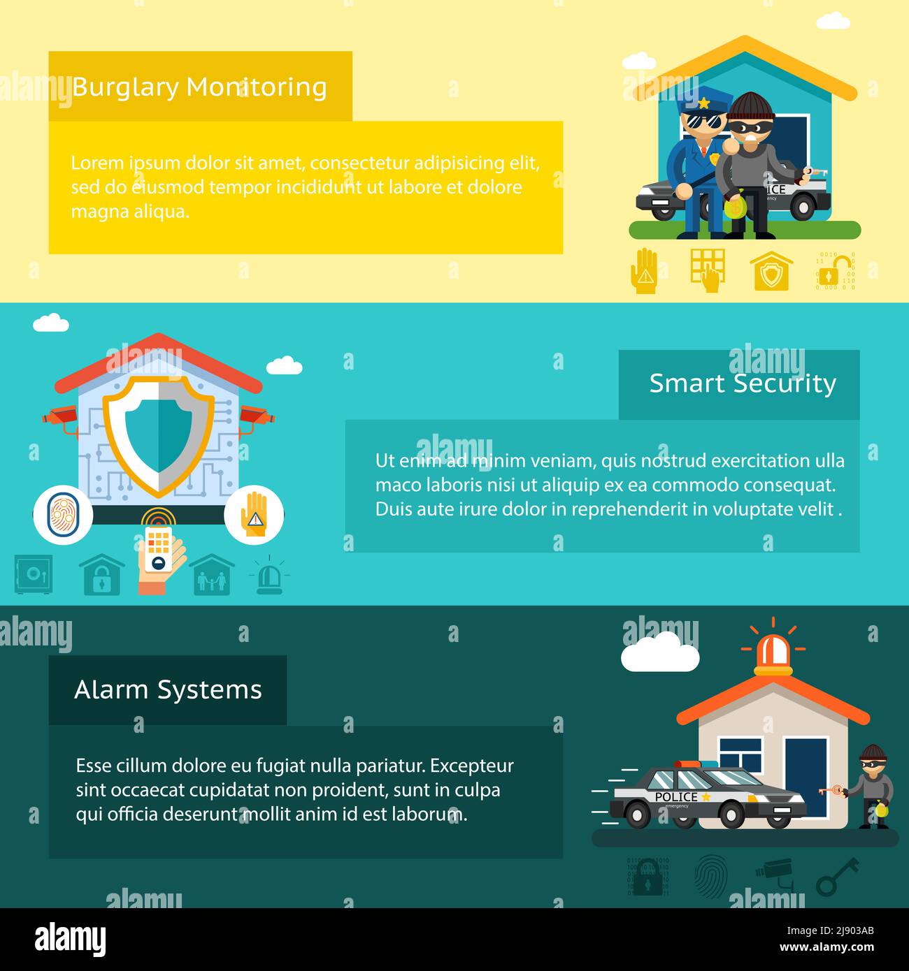 Home security system flat vector banners set. Thief and burglar, home ...