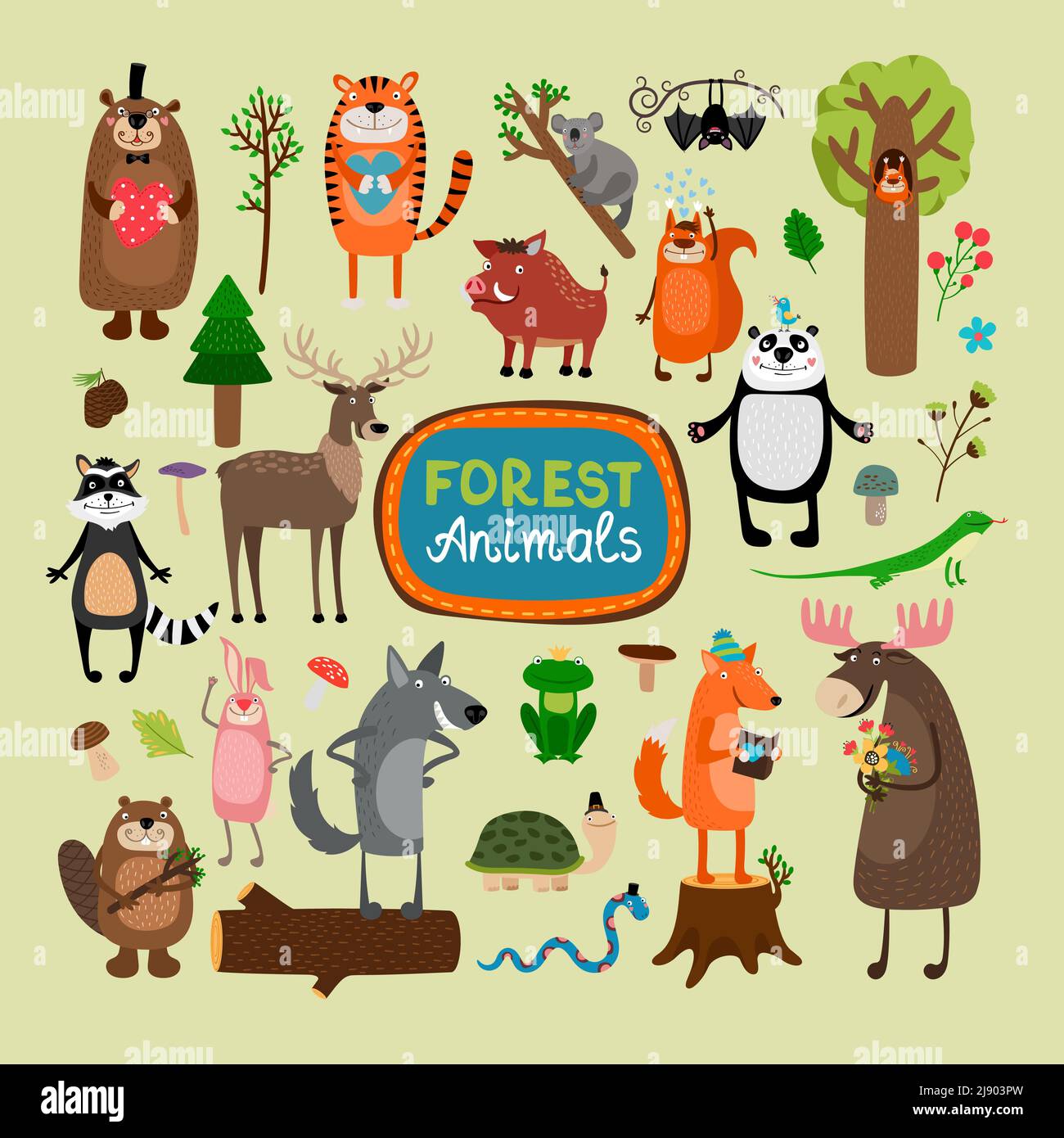 Vector forest animals set. Tiger koala bat squirrel panda raccoon deer ...