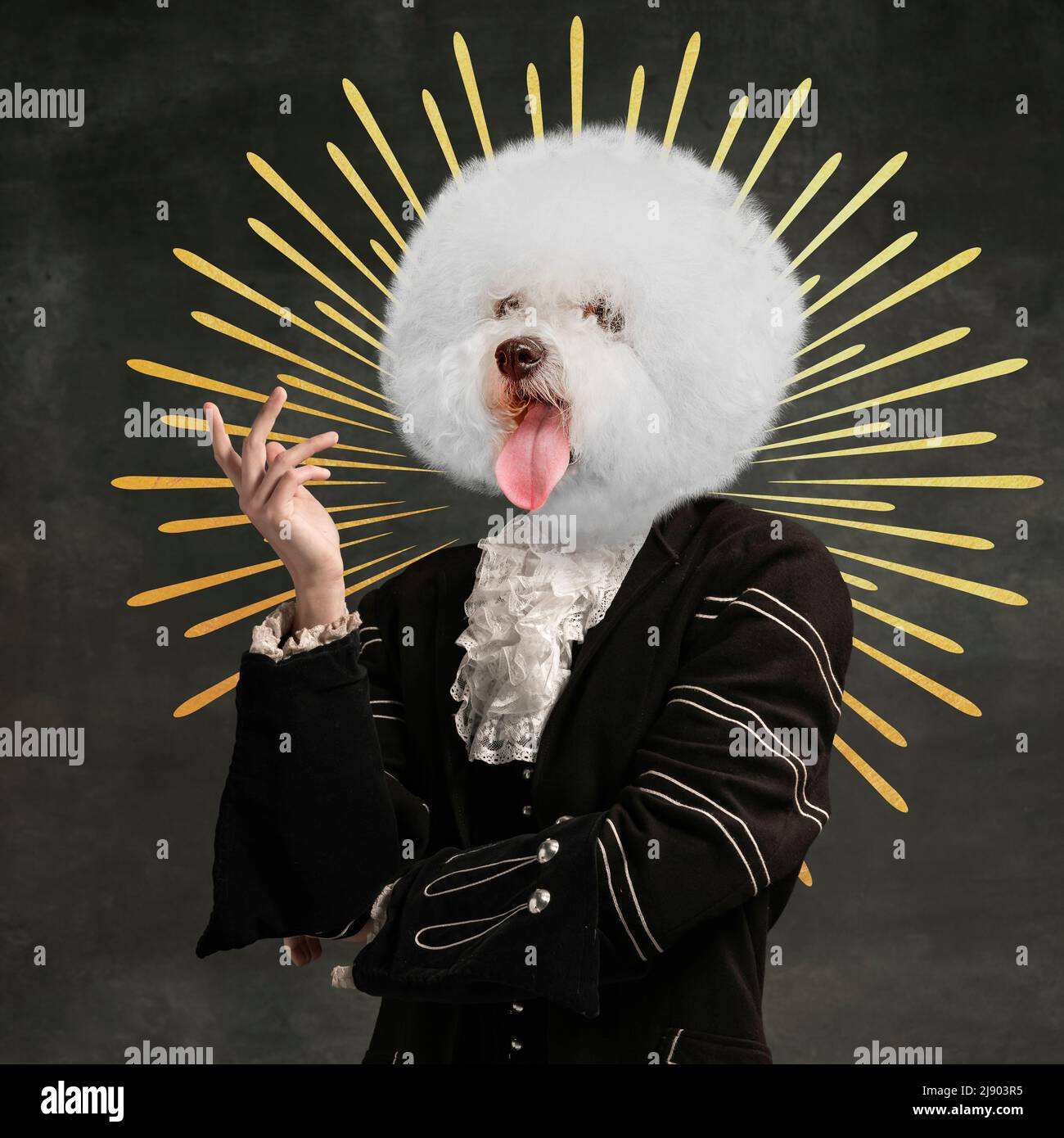 Contemporary art collage. Man wearing medieval royal person costume and ...