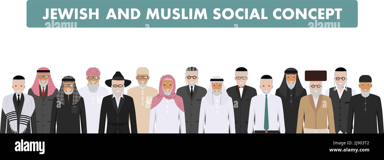Different standing together arab and jewish men in the traditional ...