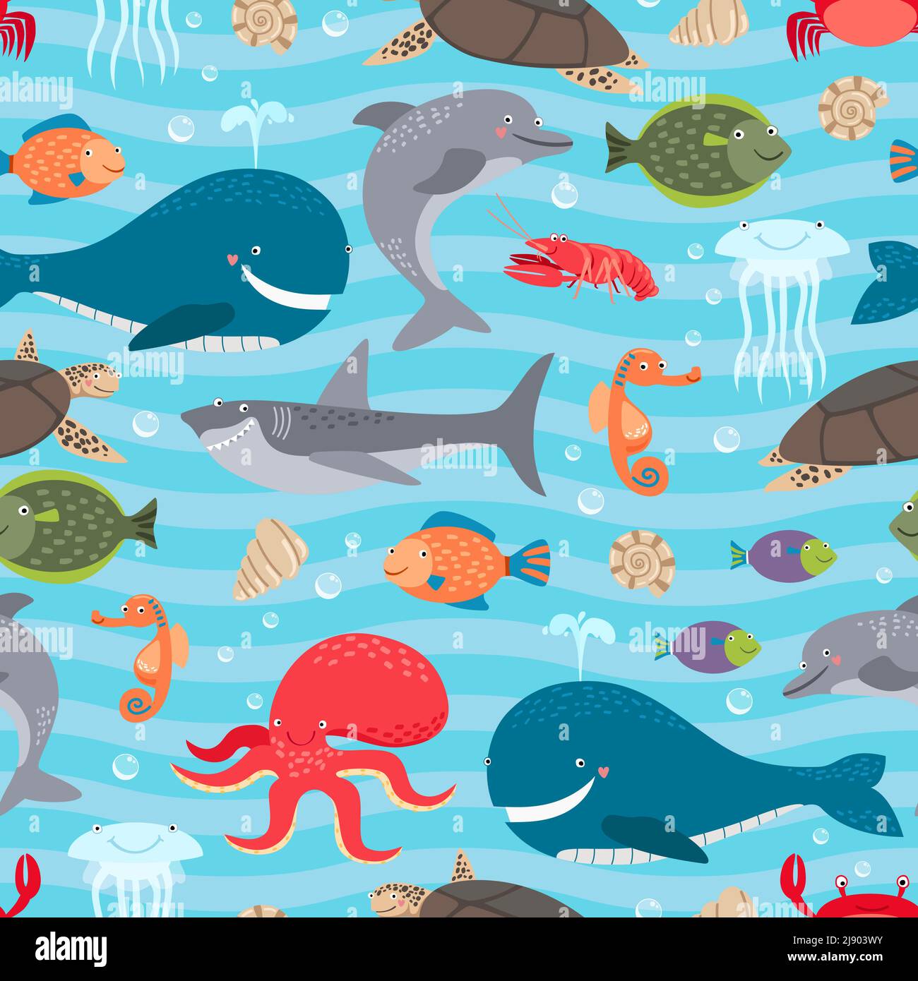 Sea creatures seamless background. Whale and shark, dolphin and octopus ...