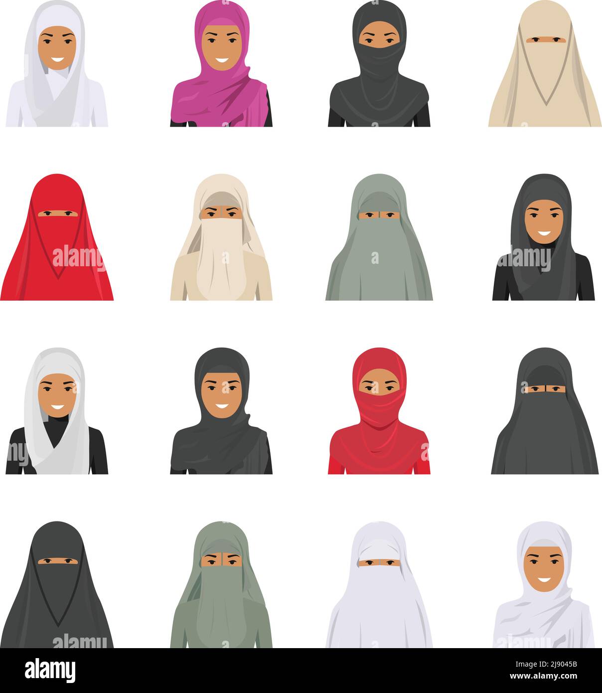 Detailed illustration of different arab woman avatars icons set in the ...