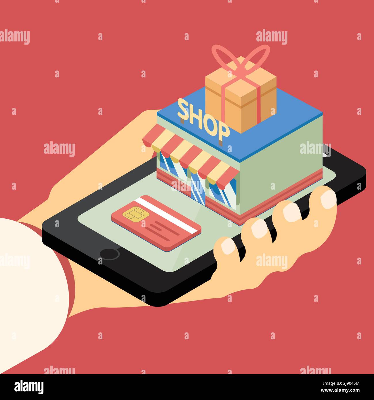 Mobile store concept. Vector illustration with hand holding mobile ...