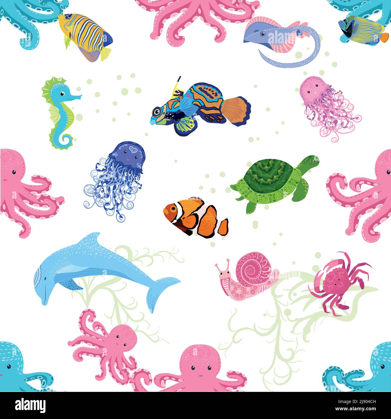 Marine life, fish, animals bright seamless pattern. sea travel ...
