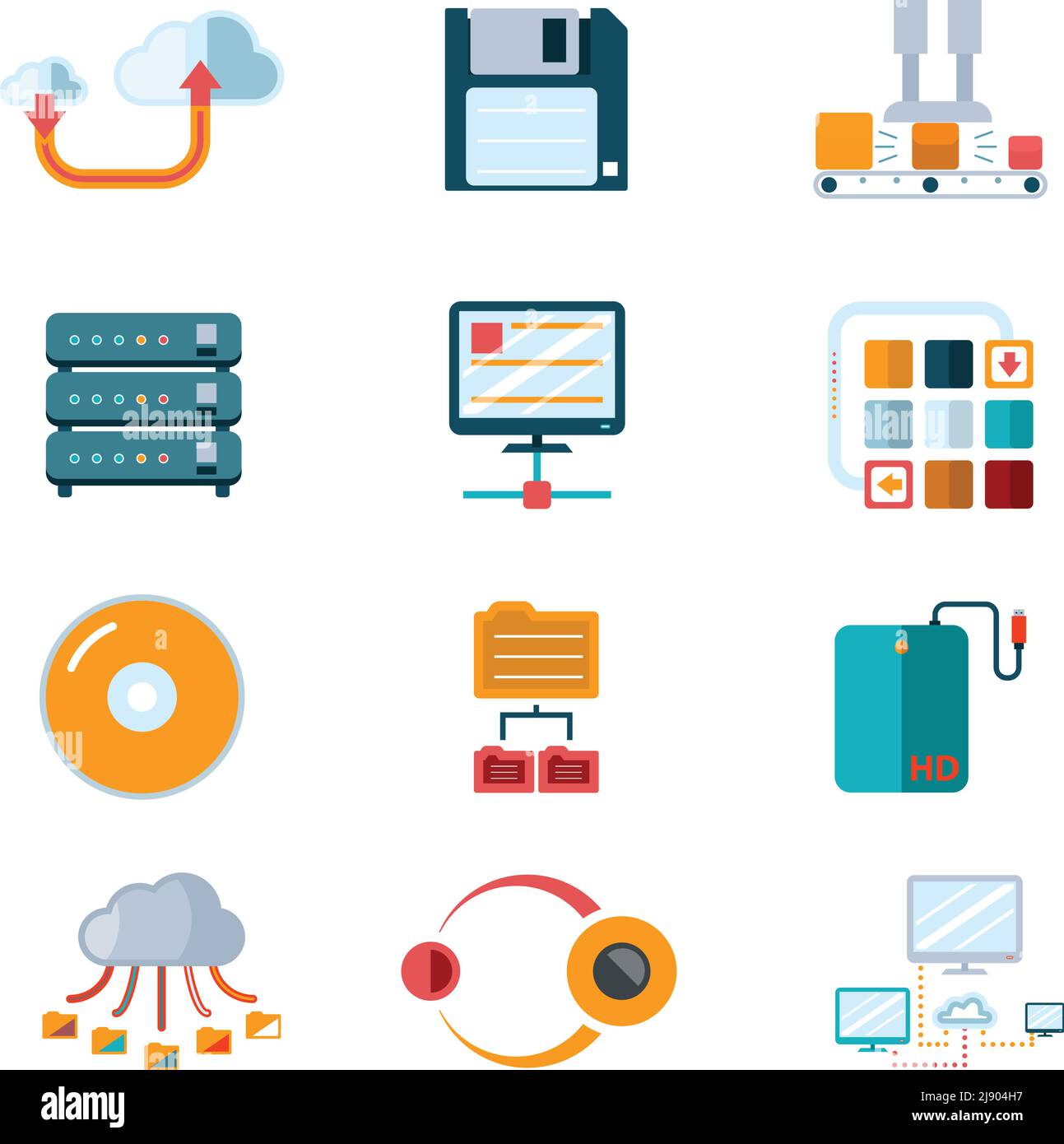 Flat data icons. Colorful symbols, database processing, broadcast ...