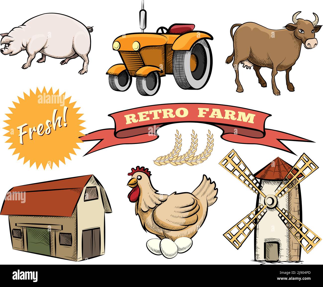 Set of Retro Farm colored vector icons depicting a pig tractor cow barn ...