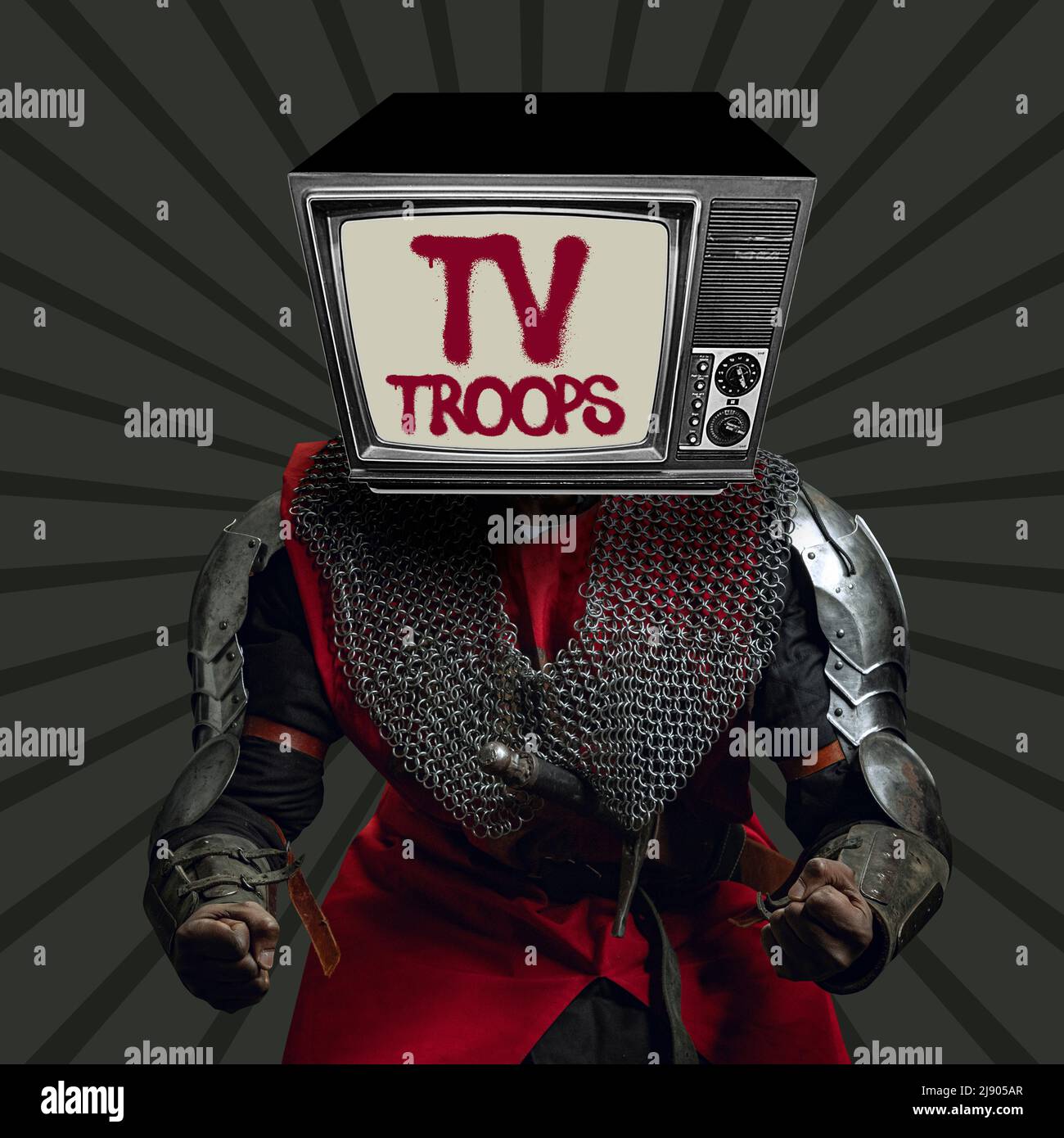 Contemporary art collage. Man in image of medieval knight, warrior with ...