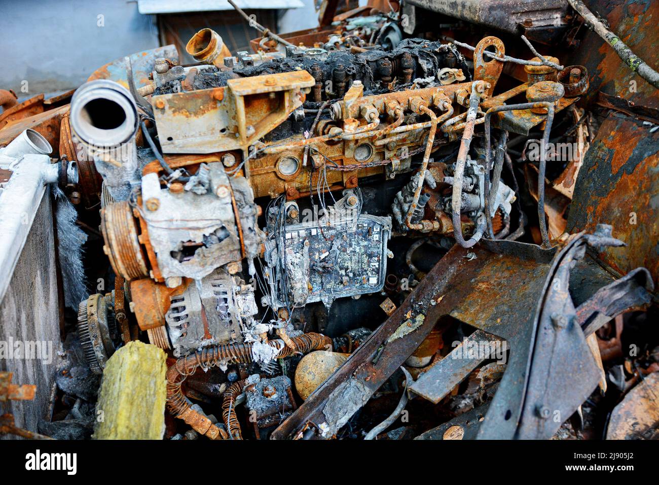 Kyiv, Ukraine. 18th May, 2022. The burned-out engine of the destroyed ...