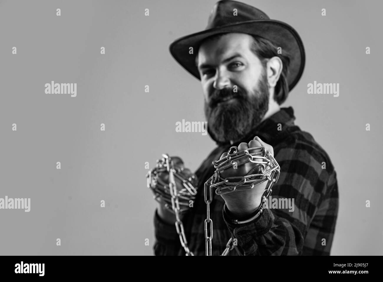 wild west. casual and denim trends. handsome man demonstrate power ...