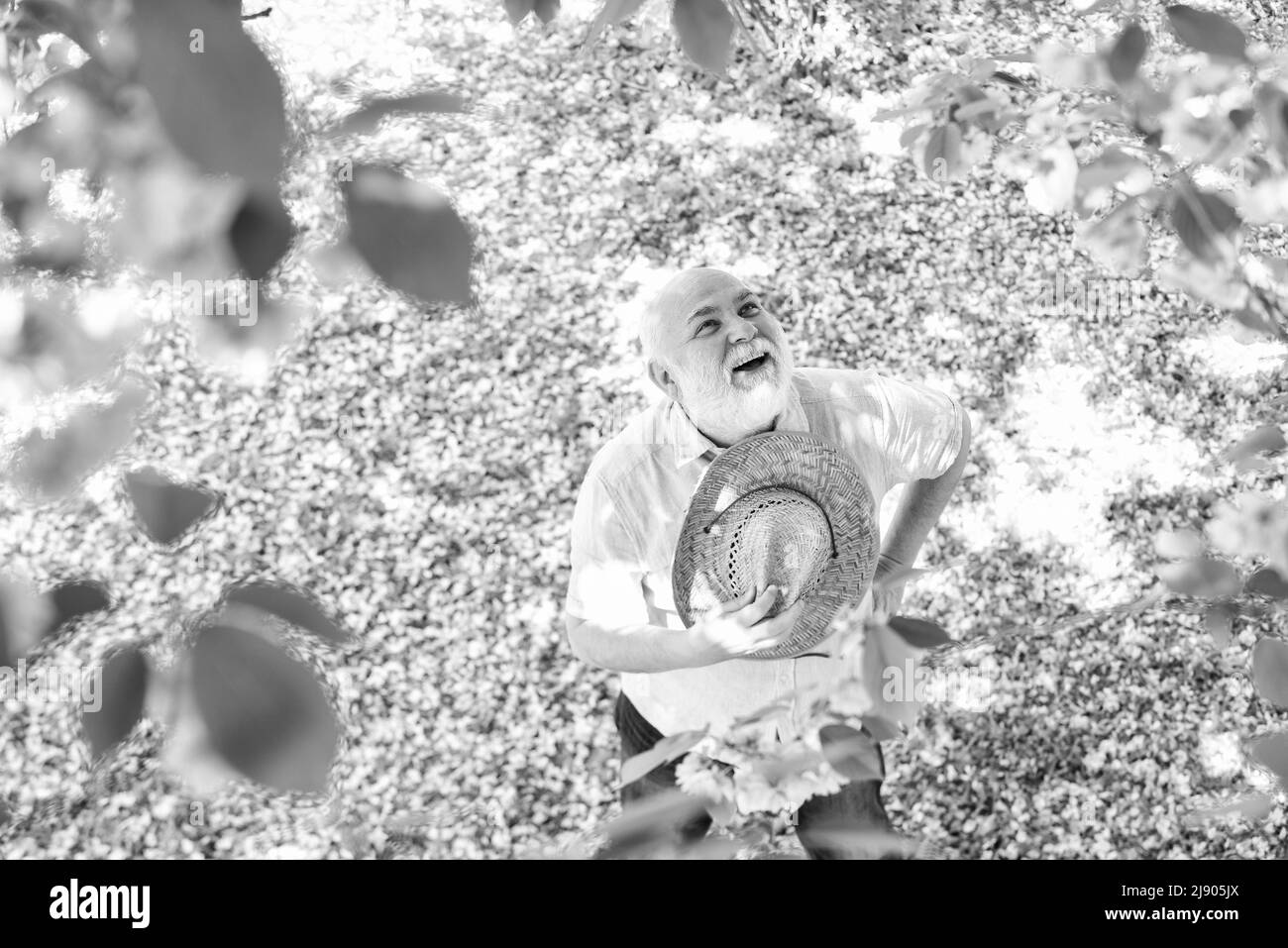 senior man looking up. good memories of past. Human emotions and ...