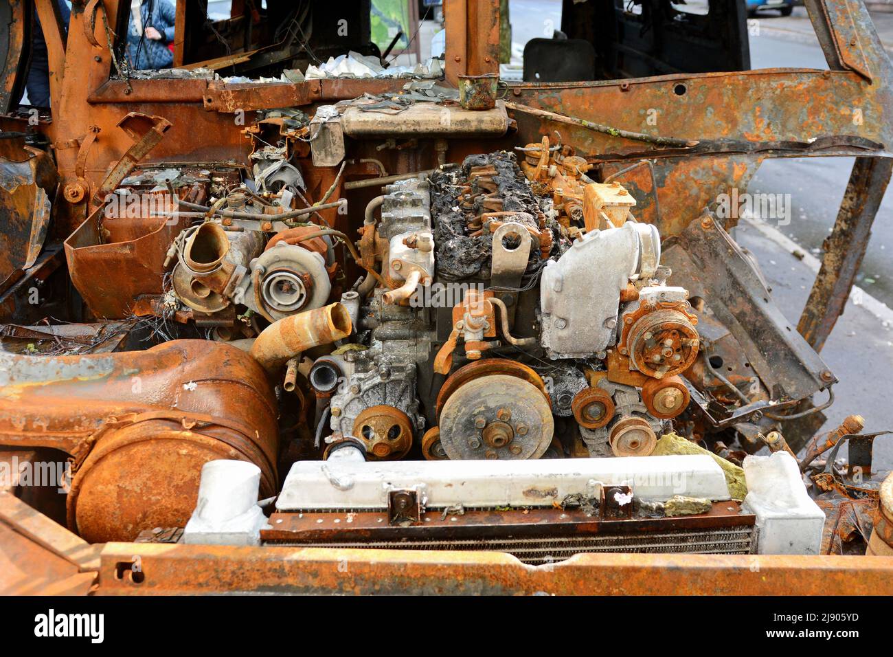 The burned-out engine of the destroyed Russian special armored vehicle ...