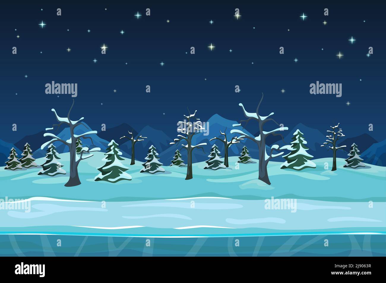Seamless cartoon winter night landscape. Snow tree, season drawing ...