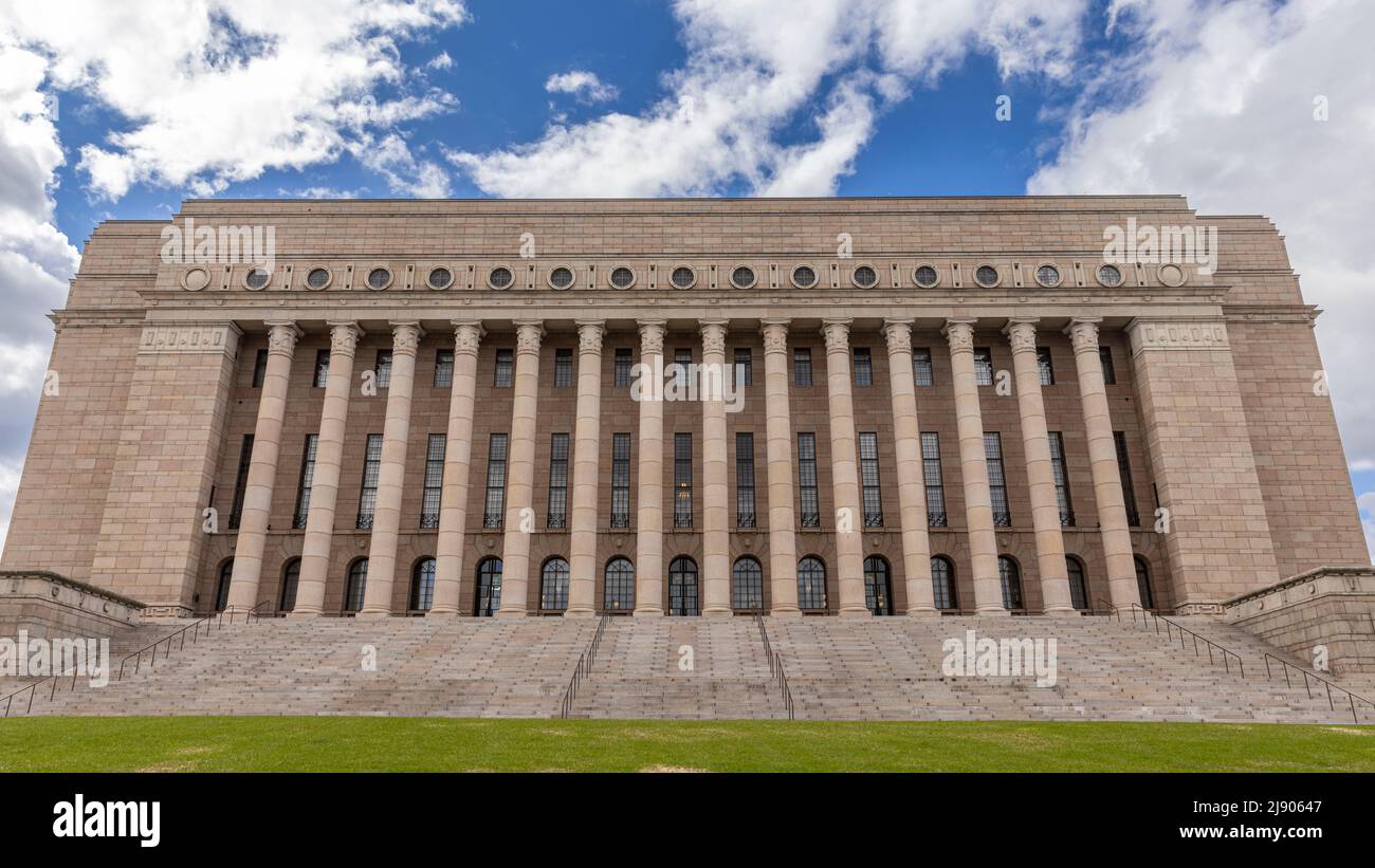 Finnish Parliament building with famous red granite colonnade Stock ...