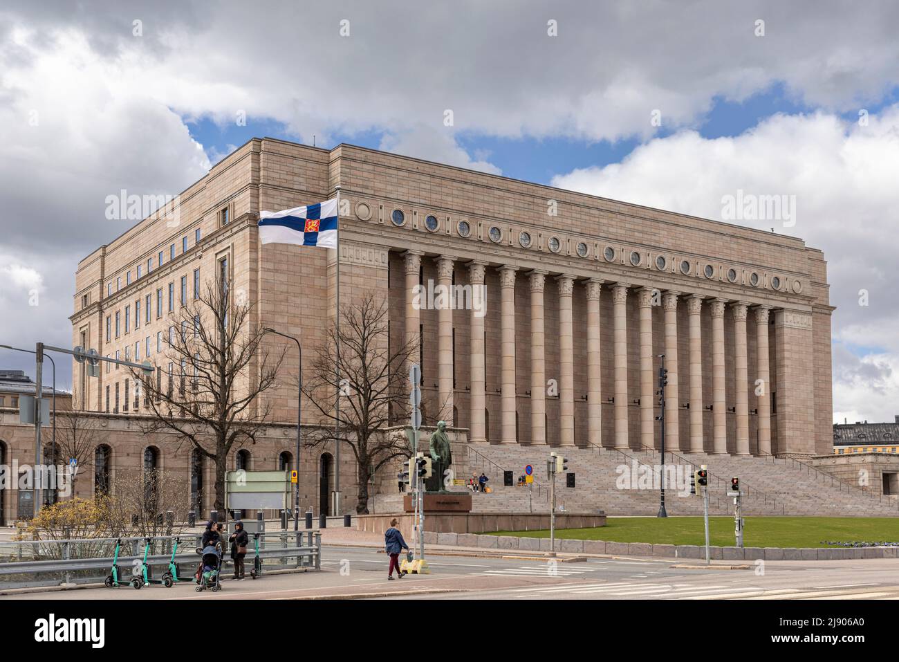 Finnish Parliament building with famous red granite colonnade Stock ...